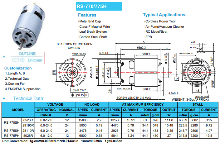 ::.Động cơ DC RS775 12V-36V tốc độ 7.600 V/p trục tròn.::