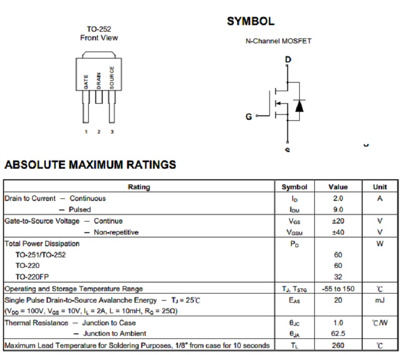 ::.2N60C FQD2N60C N-Mosfet 2A 600V TO-252 loại thường.::