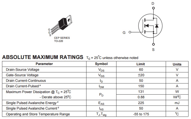 ::.50N06 CEP50N06 N-Mosfet 50A 60V TO-220.::