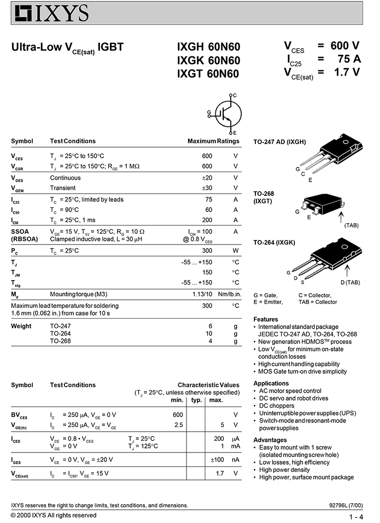 ::.60N60 IXGH60N60C2 IGBT 60A 600V TO-247.::
