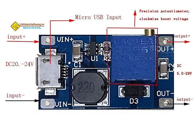 ::.Module tăng áp DC 2A qua cổng Micro USB (module boost).::